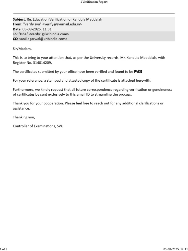 Verification Report for Kandula Maddaiah | PDF