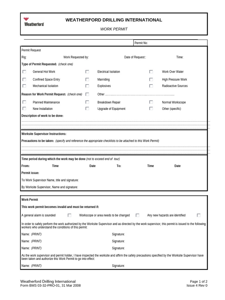 BMS 03-32-PRO-01 Work Permit | PDF | Safety | Occupational Safety And Health