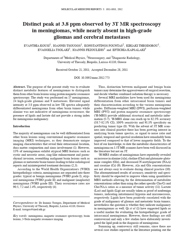 Distinct Peak at 3.8 Ppm Observed by 3T MR Spectroscopy | PDF ...