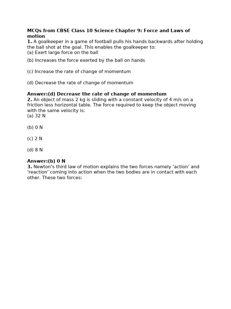 Force and Laws MCQ 1 With Answers | PDF | Force | Rocket