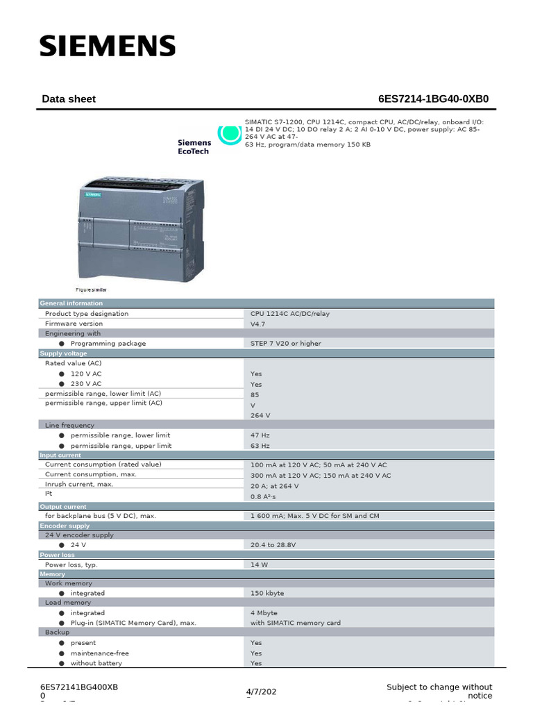 CPU 1214C Datasheet Overview | PDF | Electromagnetic Interference ...