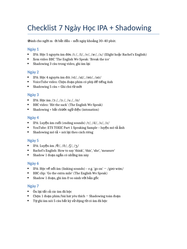 Checklist 7 Ngay IPA Shadowing | PDF