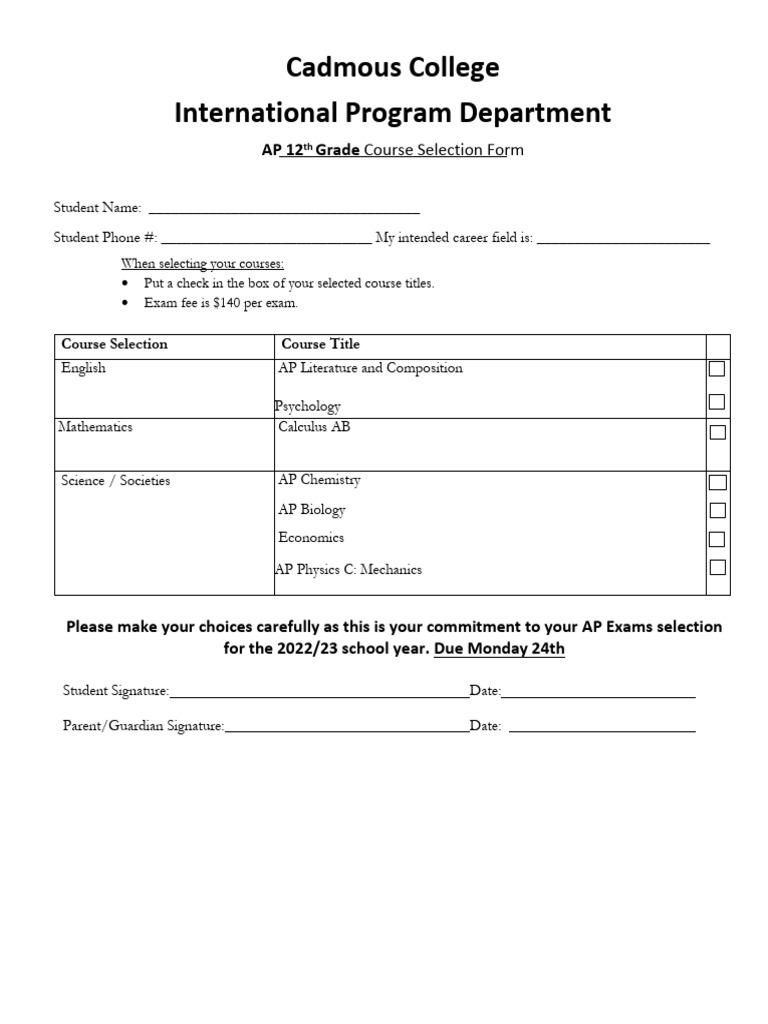 12th Grade Course Selection Form 2020 2021 | PDF