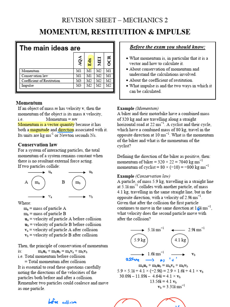 Edexcel M2 Revision Sheets Copy | PDF | Momentum | Collision