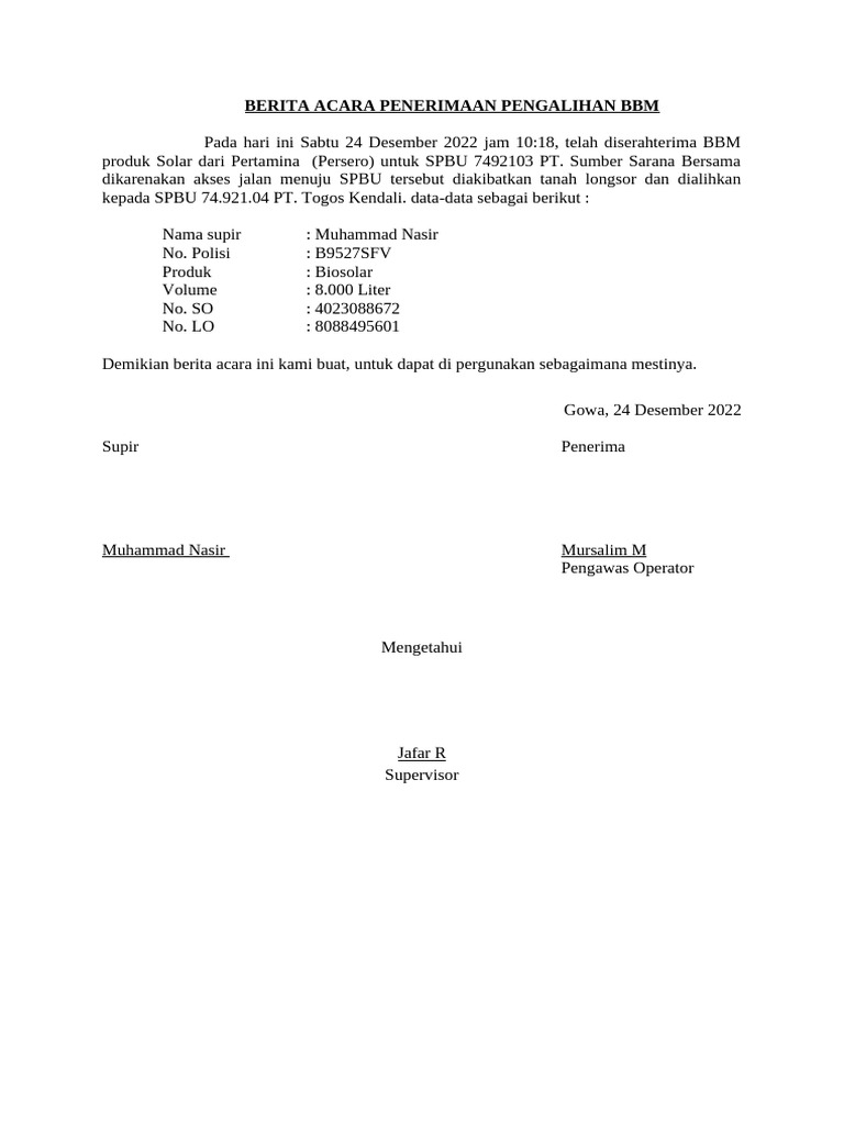 Berita Acara Penerimaan Pengalihan Bbm Solar | PDF