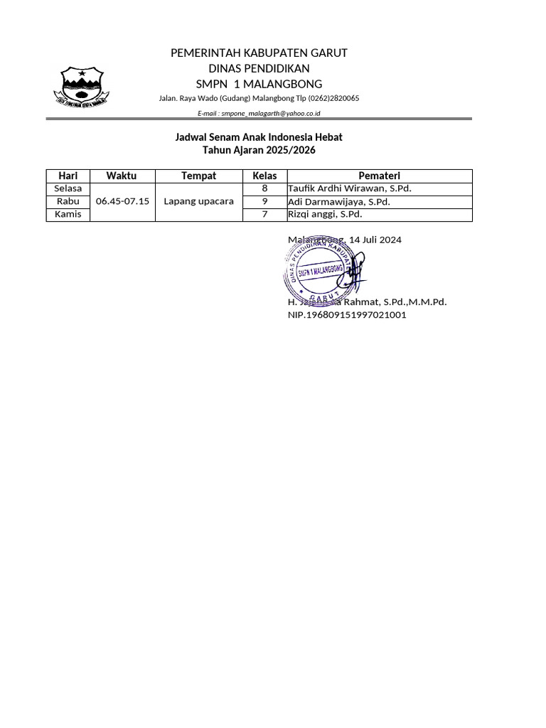 Jadwal Senam Anak Indonesia Hebat | PDF