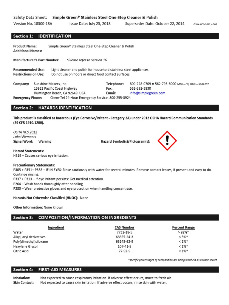 Simple Green Stainless Steel Cleaner SDS | PDF | Toxicity ...