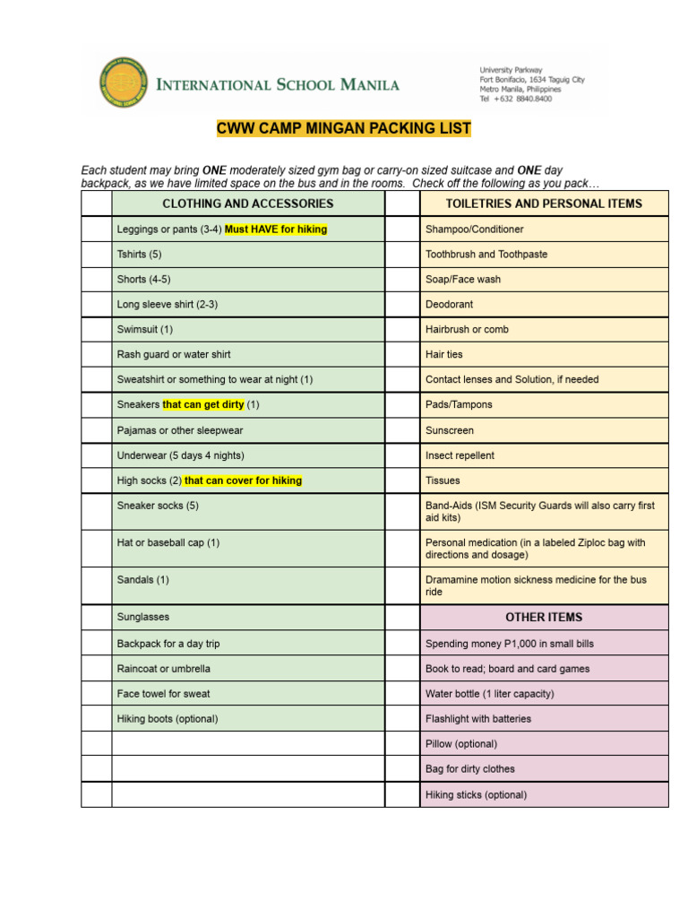 Camp Mingan Packing List Feb CWW 2025 | PDF | Clothing | Fashion