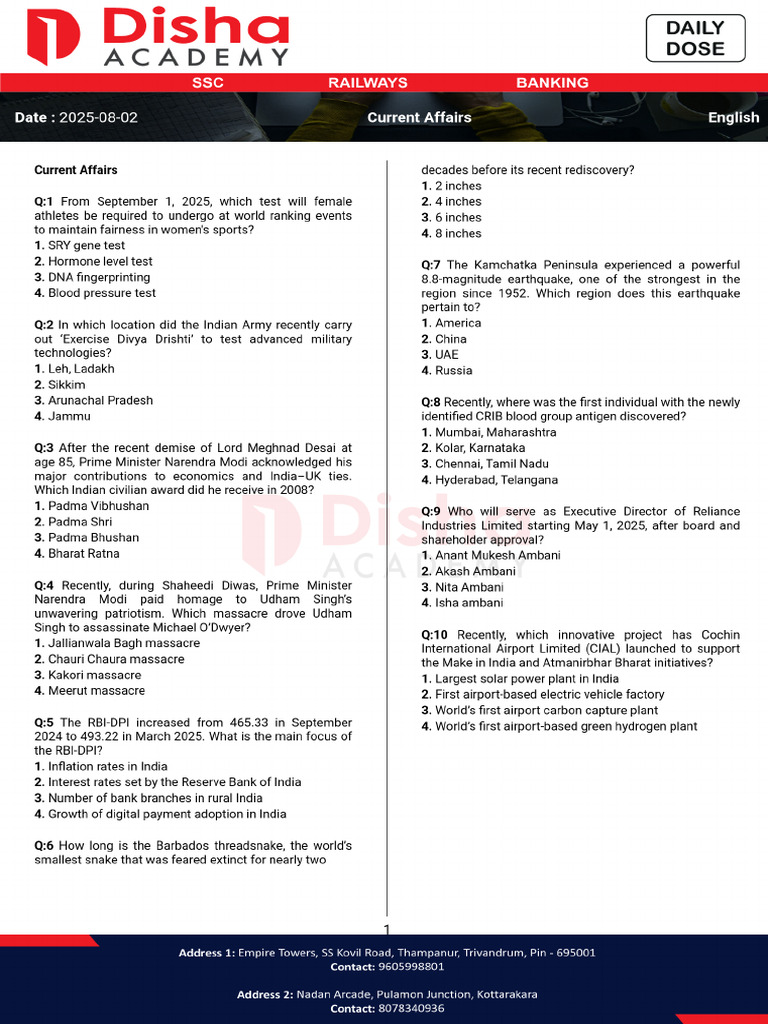 Current Affairs English 2025-08-02 Disha | PDF