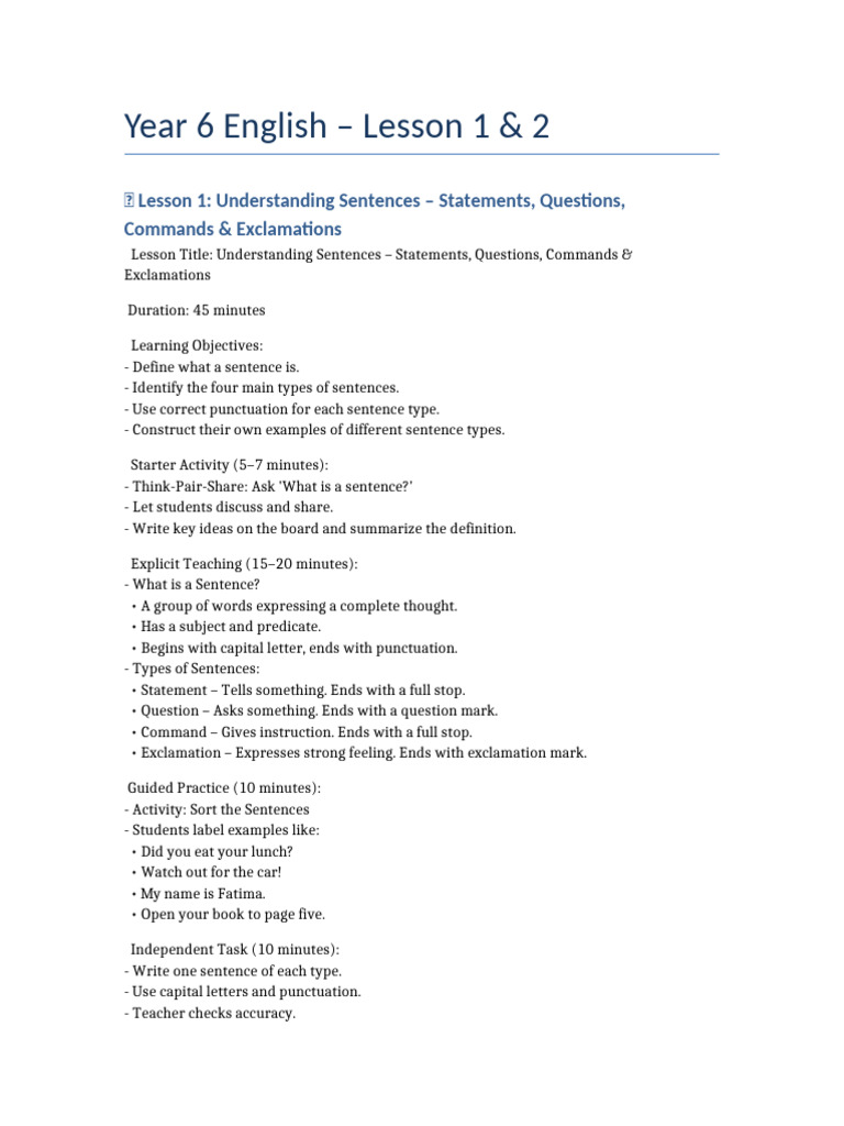 Year 6 English Lesson 1 and 2 | PDF | Sentence (Linguistics) | Subject ...