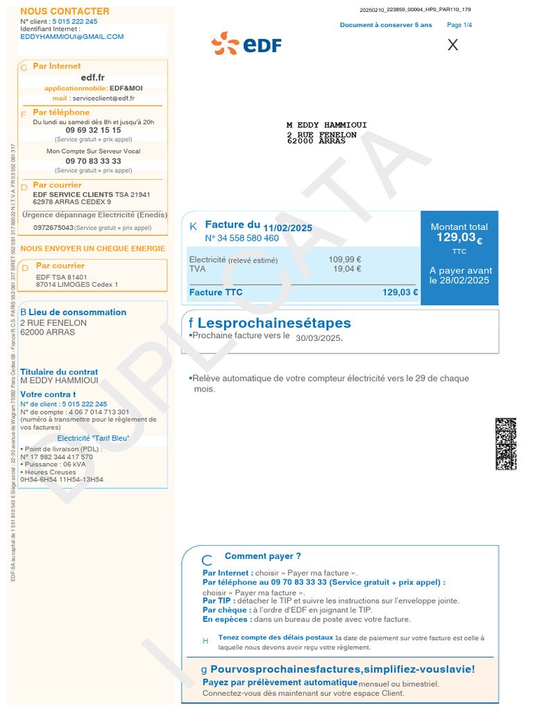 Facture EDF de Février 2025 | PDF | Facture | Énergie électrique