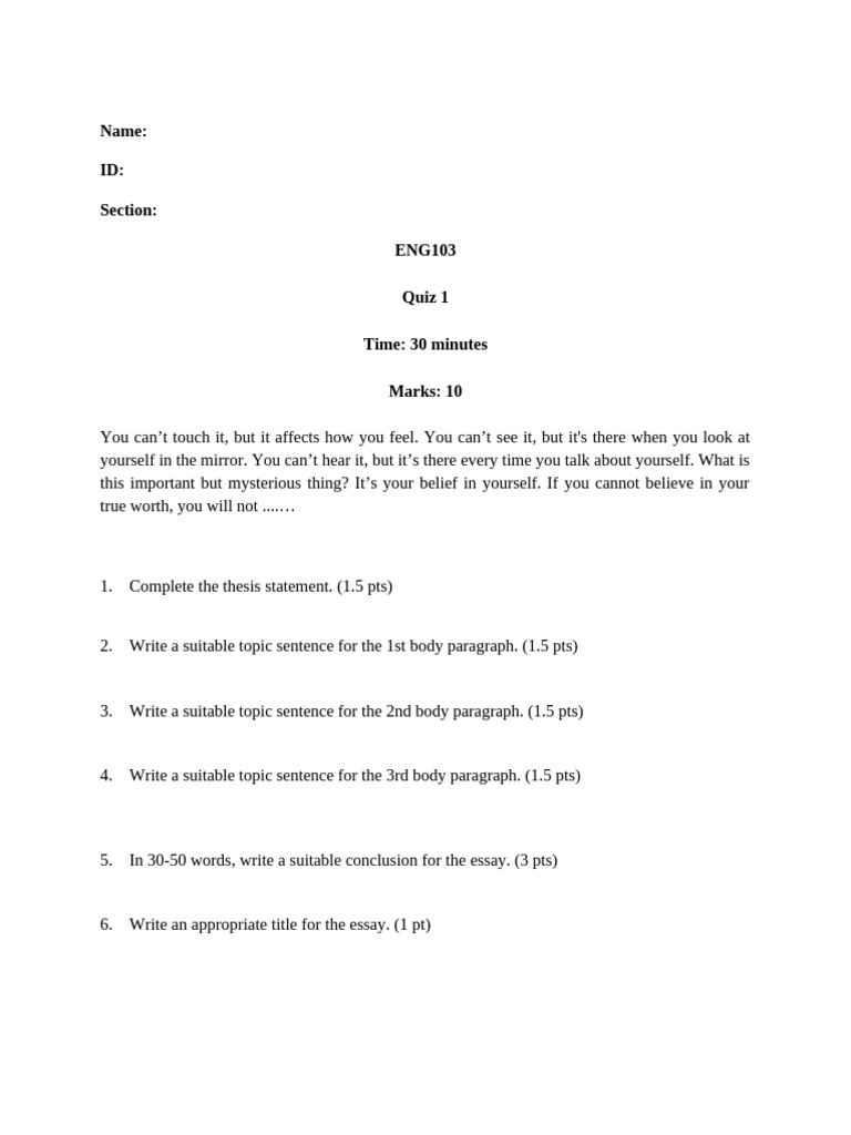 Self-Belief Essay Quiz Instructions | PDF