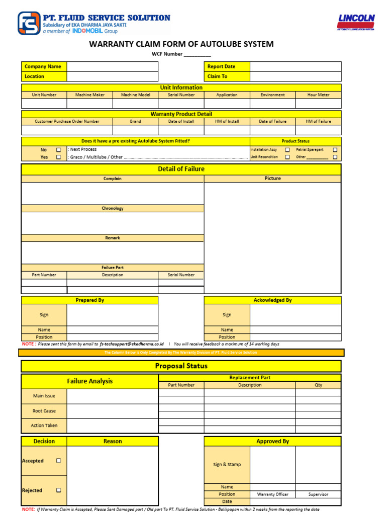 Warranty Claim Form for Autolube System | PDF