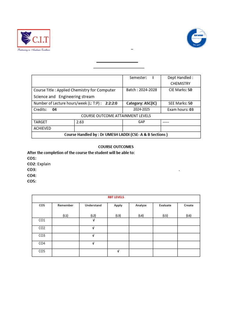 Final Faculty Course Assessment Report (Fcar) for Cse Current Sem 4th Oct 2024 Dr Umesh | PDF ...