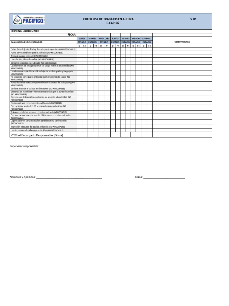 Check List Trabajos en Altura | PDF