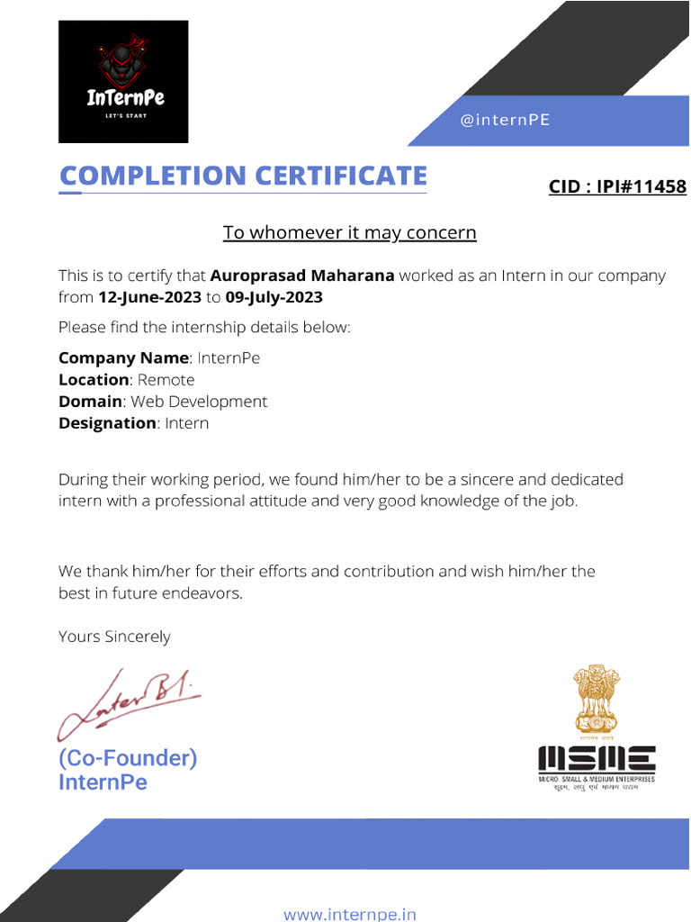 Auroprasad Maharana Internship Certificate-1 | PDF