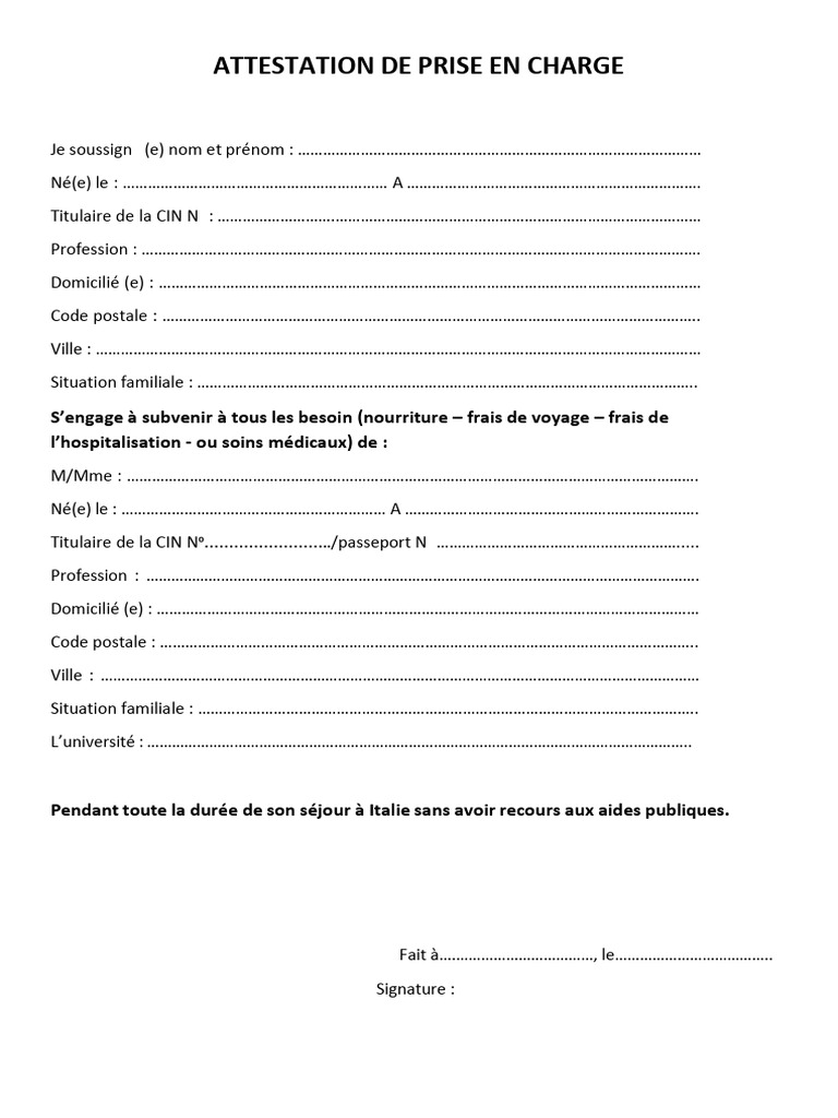 Attestation de Prise en Charge | PDF