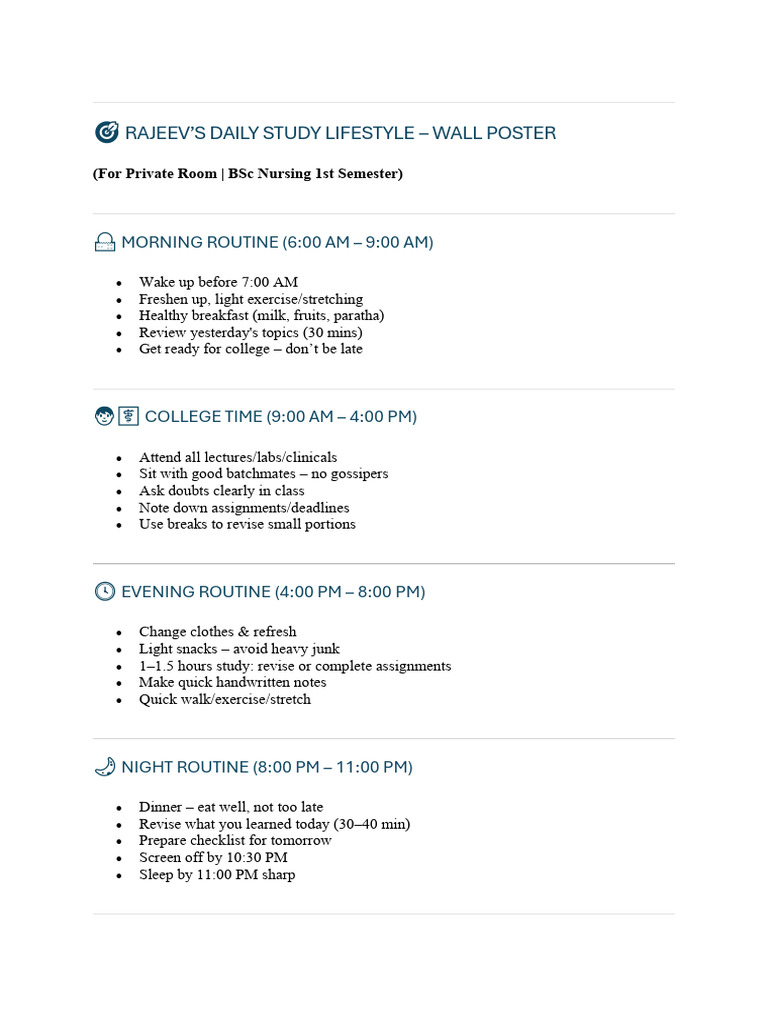 Rajeev's Study Routine for Nursing Students | PDF