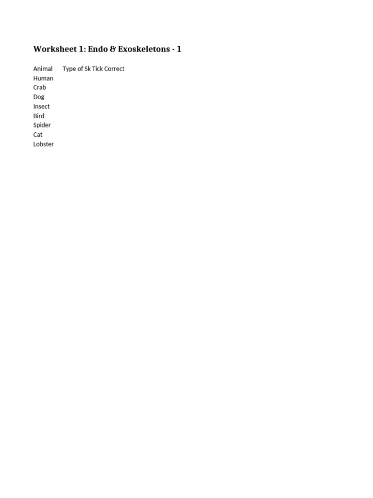 Endo/Exoskeletons & Vertebrates Worksheets | PDF