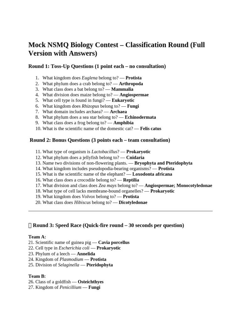 ? Mock NSMQ Biology Contest | PDF | Eukaryotes | Prokaryote