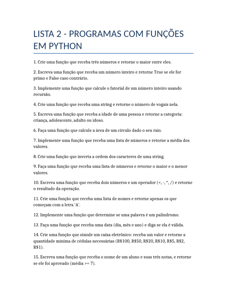 Lista 2 - Programas Com Funções em Python | PDF
