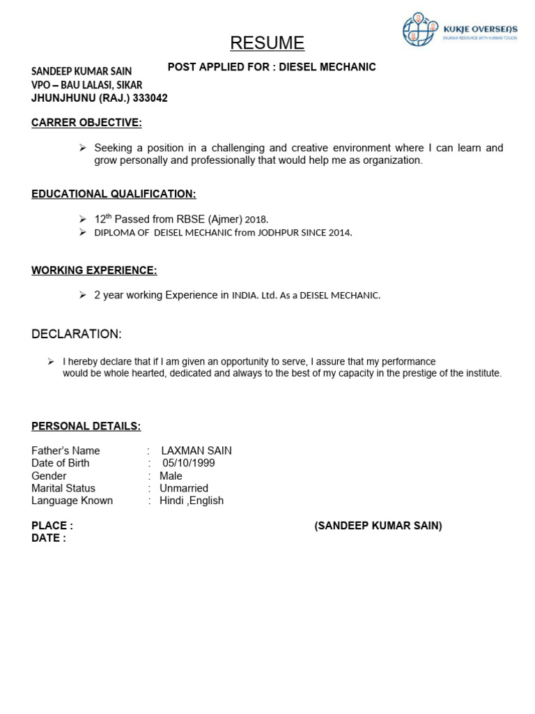Sandeep Kumar Sain - Deisel Mechanic | PDF
