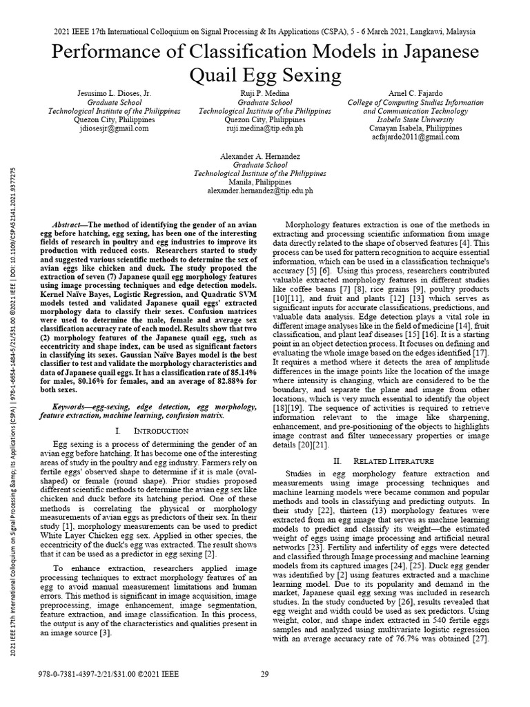 2021 Performance - of - Classification - Models - in - Japanese - Quail ...