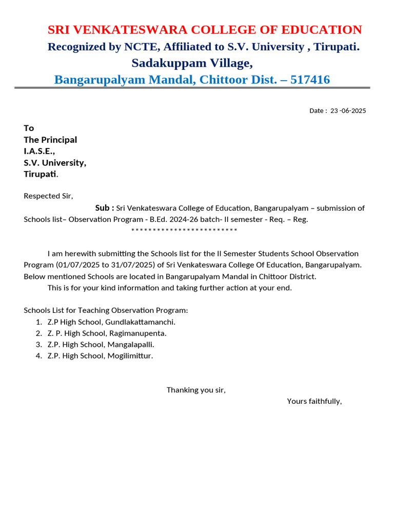 II Sem Observation Program2024-26 Batch | PDF