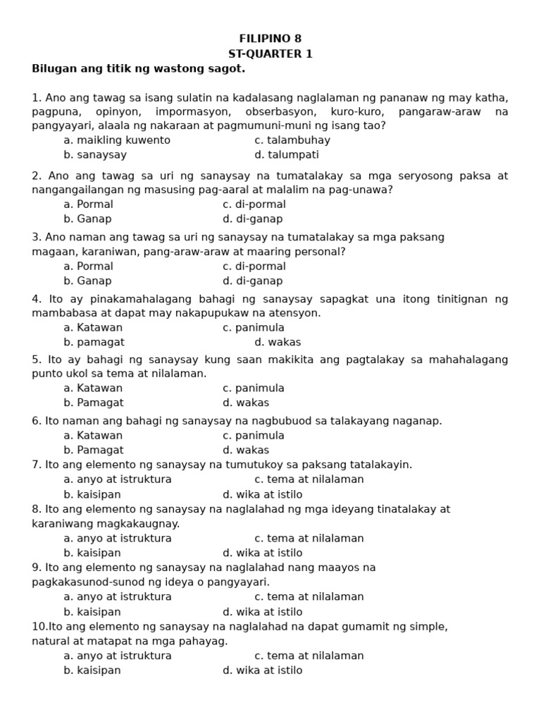 Filipino 8 ST Quarter 1 | PDF