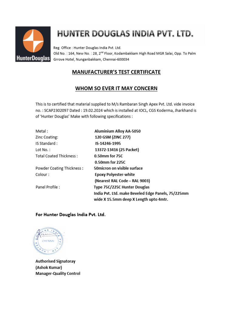 Hunter Douglas Certificate for Rambaran Singh | PDF