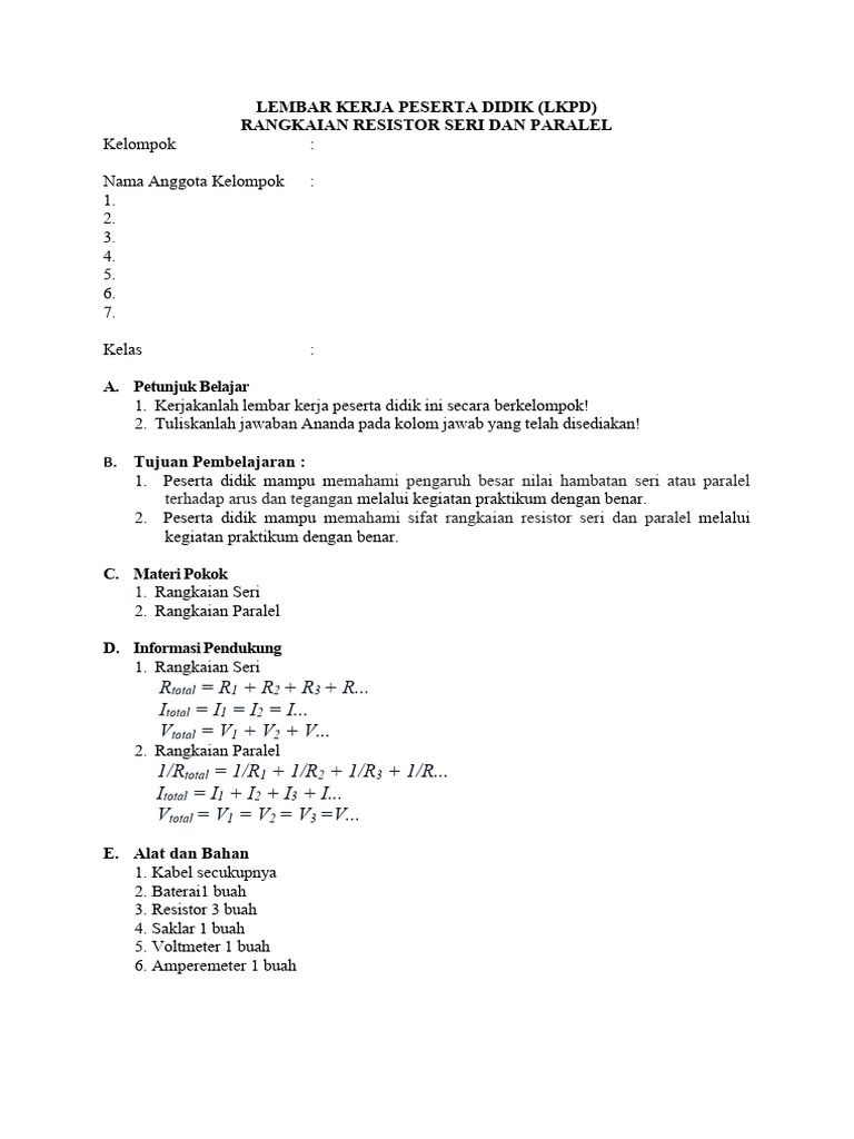 LKPD Rangkaian Resistor Seri Paralel | PDF