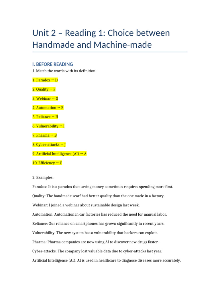 Unit 2 Handmade Vs Machine Answers | PDF