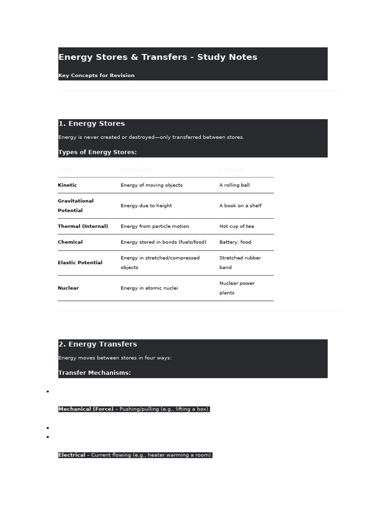 Types and Examples of Energy Stores | PDF | Potential Energy | Kinetic ...
