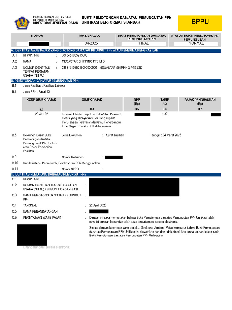 Bukti Pemotongan PPh 15 Megastar Shipping | PDF
