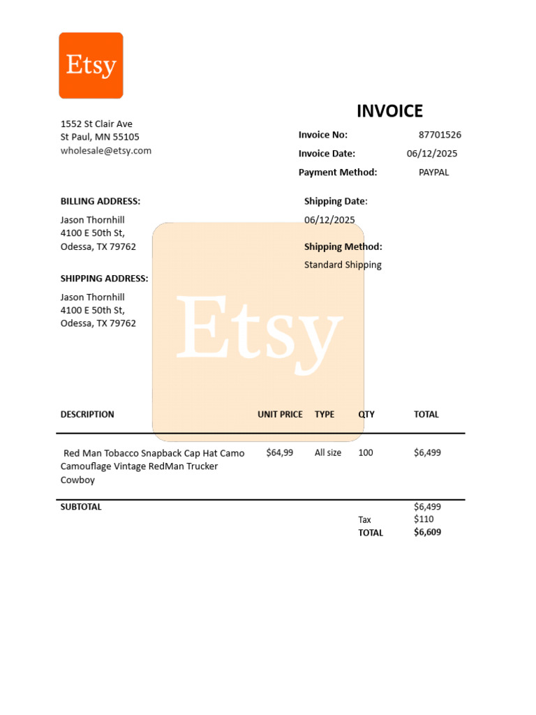 Invoice for Red Man Tobacco Cap Purchase | PDF