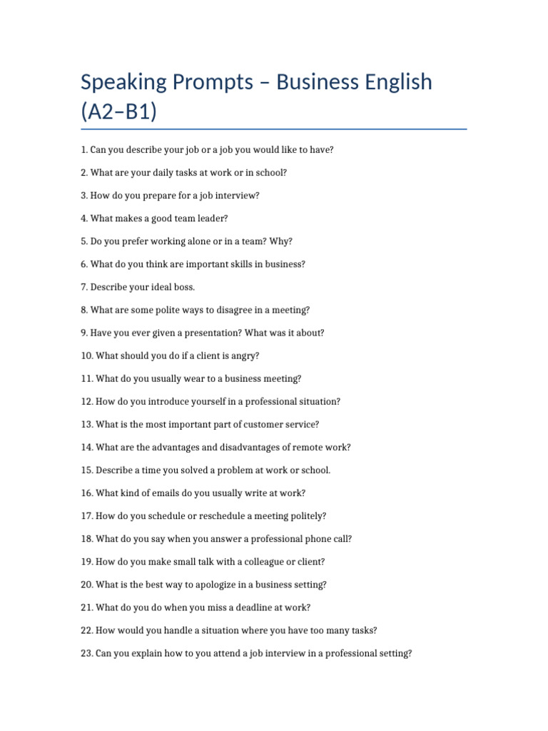 Business English Speaking Prompts A2-B1 | PDF | Chess | Chess Theory
