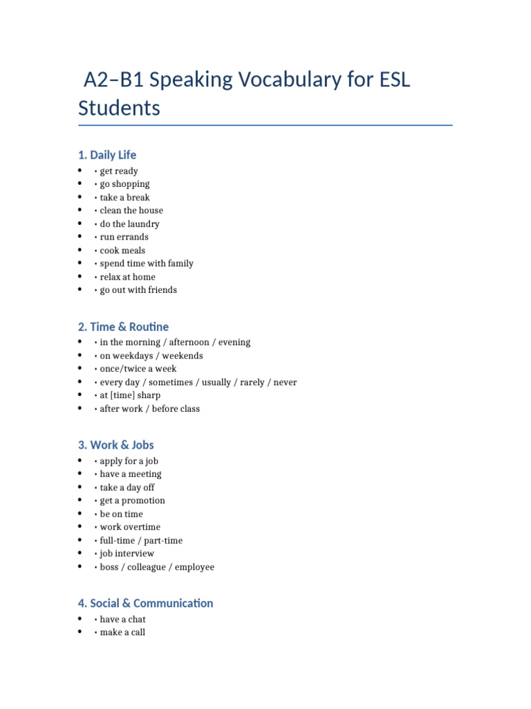 A2-B1 Speaking Vocabulary Guide | PDF