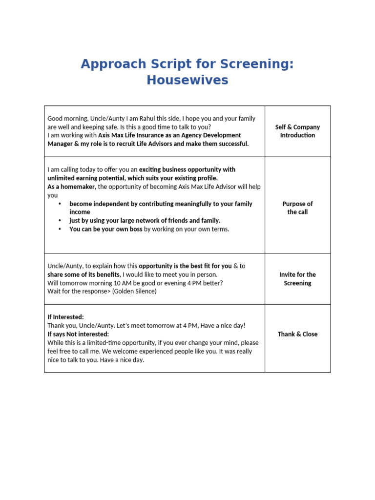 Approach Script For Screening Housewives | PDF