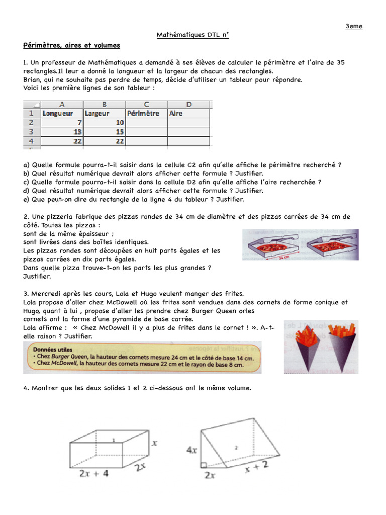 Mathématiques : Périmètres et Volumes | PDF
