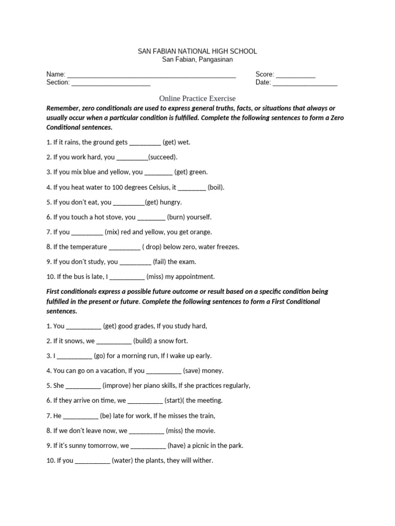 Zero, First, Second, and Third Conditionals Exercise | PDF