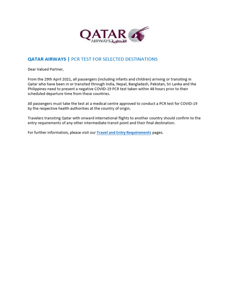 Qatar Airways PCR Test Requirements | PDF