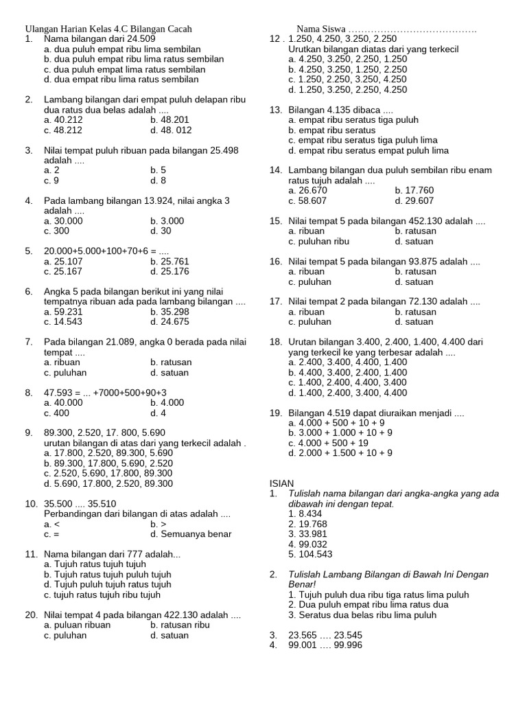 Soal Ulangan Harian Nilai Tempat Kelas 4 | PDF