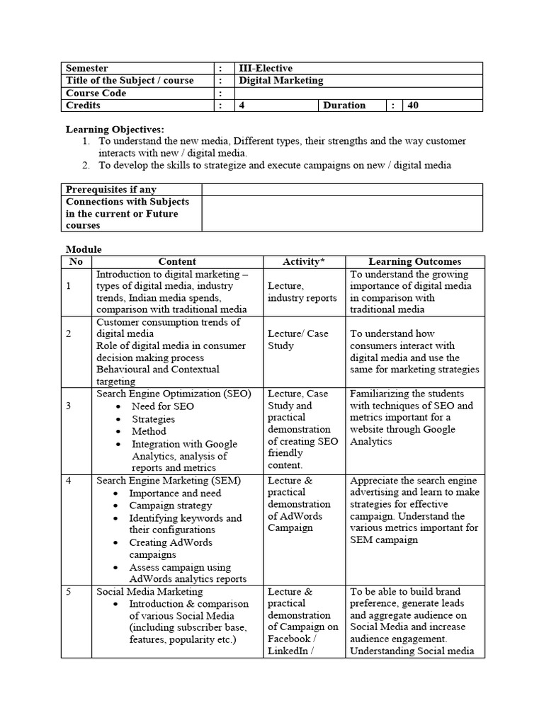 Digital Marketing Course Syllabus | PDF | Social Media Marketing ...