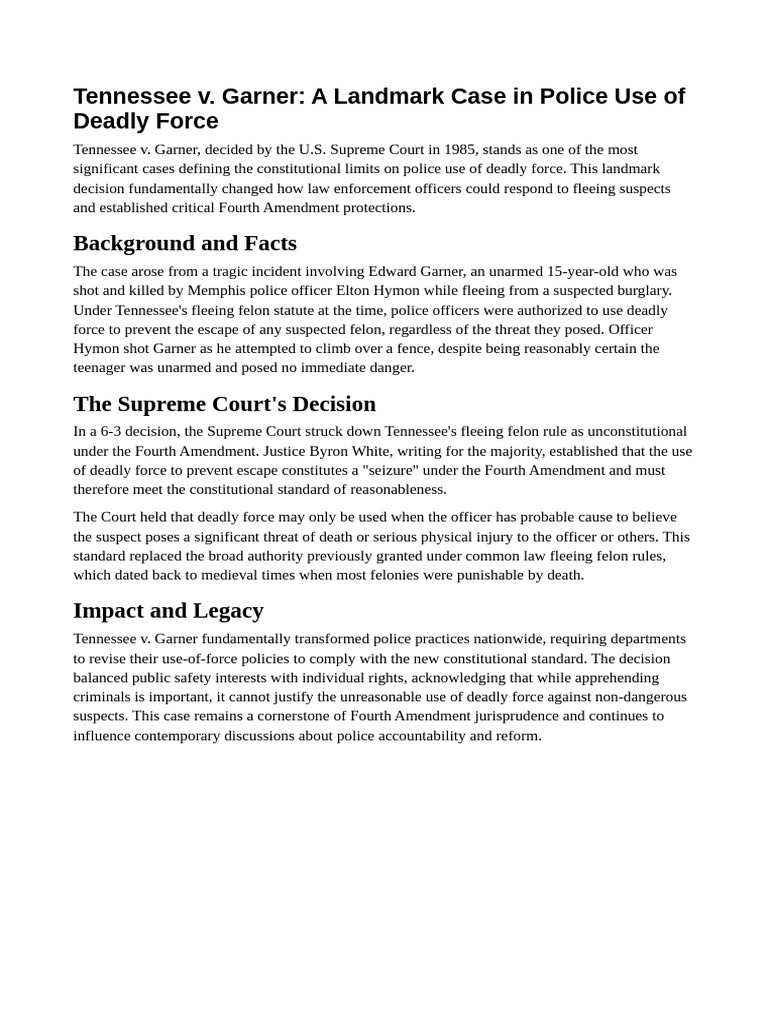 Tennessee v. Garner: A Landmark Case in Police Use of Deadly Force | PDF