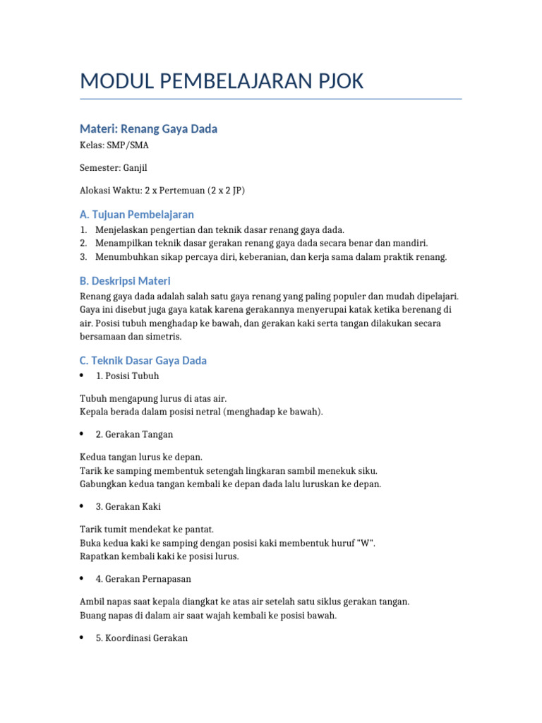 Modul PJOK Renang Gaya Dada | PDF