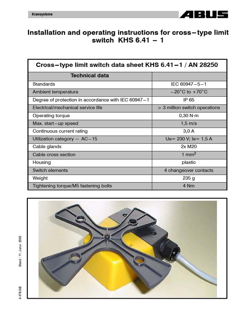 CROSS TYPE LIMIT SWITCH installation and operating instructions | PDF | Screw | Electrical Connector