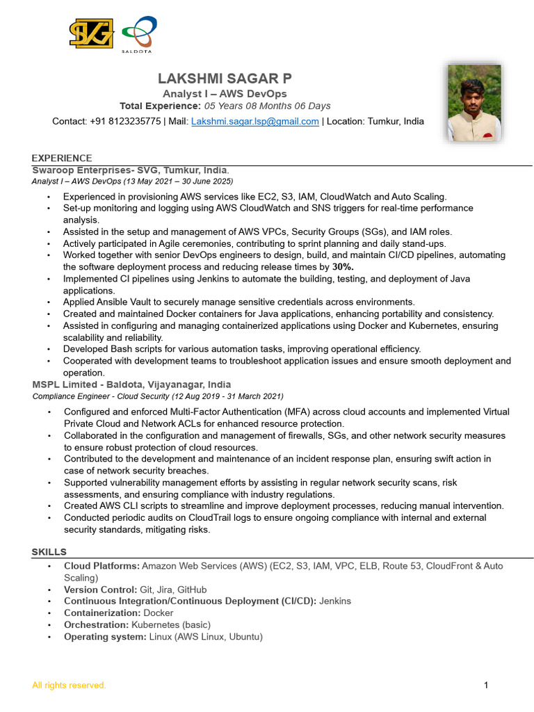 Lakshmi Sagar P: Analyst I - Aws Devops | PDF | Amazon Web Services | Cloud Computing