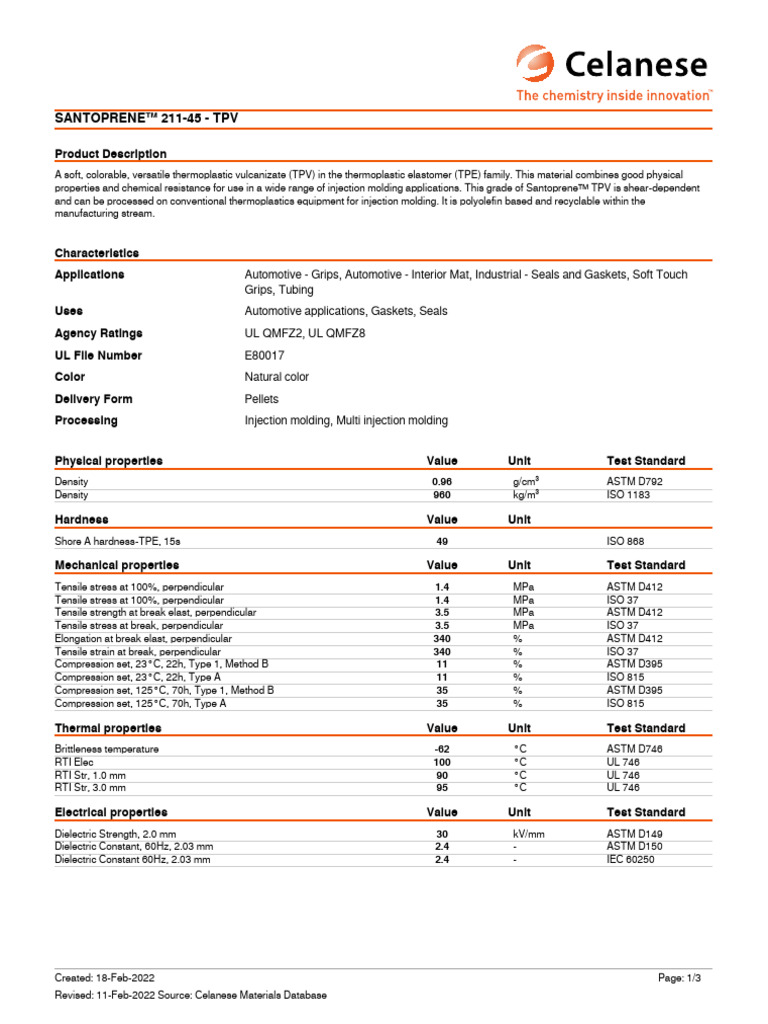 Santoprene™ 211-45 TPV Overview | PDF | Materials | Mechanical Engineering