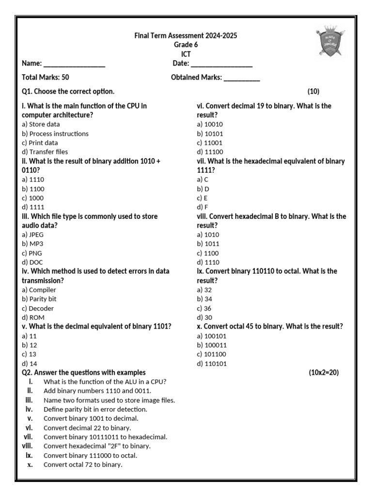 G6 ICT Final Term Assessment 2025 | PDF | Integer (Computer Science) | Computing