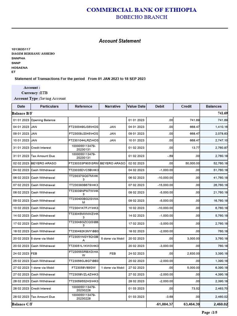 Dagim Berhanu Bank Statement | PDF | Debits And Credits | Credit Card